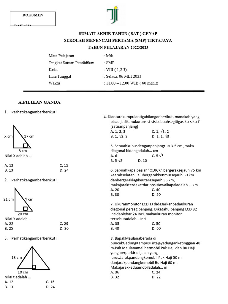 SOAL MTK SAT KELAS 8 | PDF