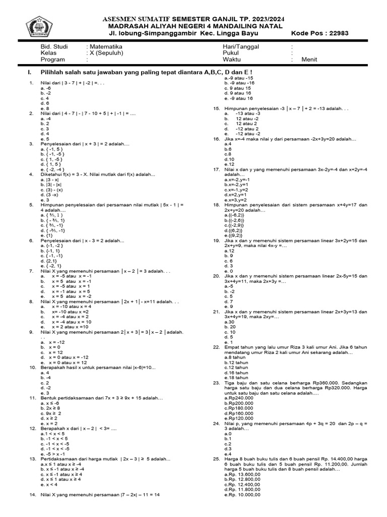 Soal MTK W Kelas X | PDF
