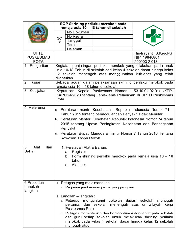 SOP Skrining Perilaku Merokok Pada Remaja | PDF