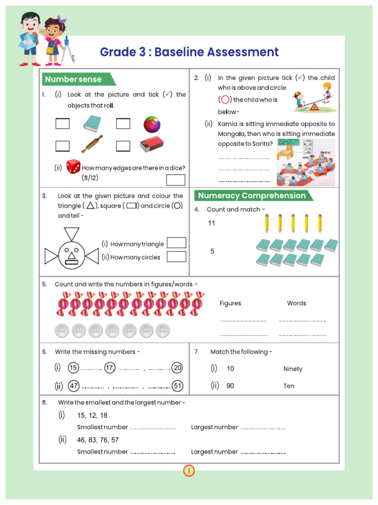 Maths Class 3 Baseline Assessment | PDF