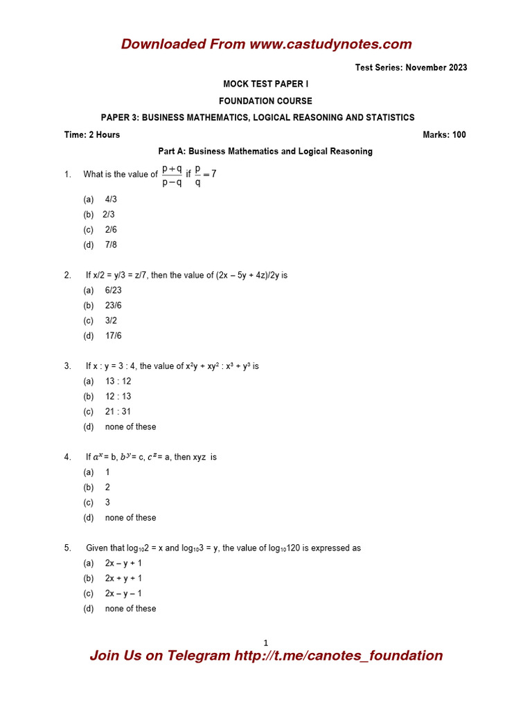 CA Foundation Maths Mock Test 2023 | PDF | Present Value | Interest