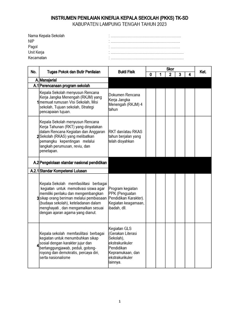 Pkks Sd Instrumen Tahun 2023 | PDF