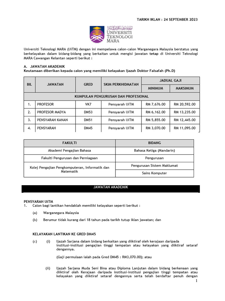 Iklan Jawatan Kosong Pensyarah Tetap UiTMCK 92023 | PDF