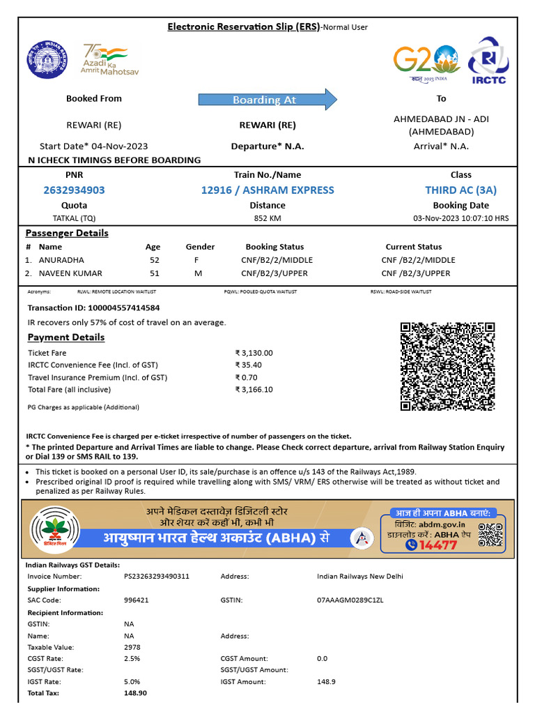 Ashram Express Third Ac (3A) : Electronic Reserva On Slip (ERS) | PDF ...