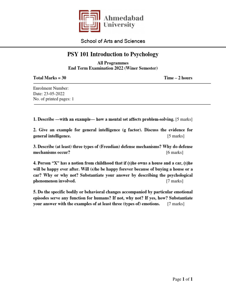 PSY101 - End Sem Question Paper | PDF