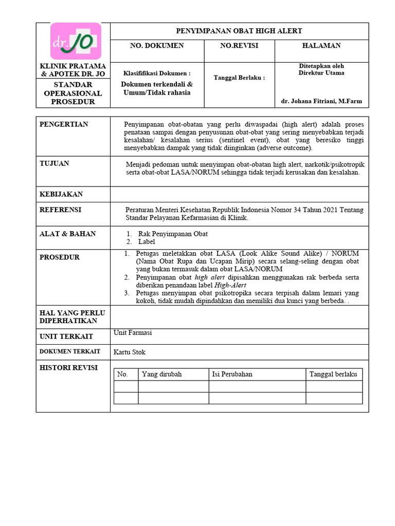 SOP Penyimpanan Obat High Alert | PDF
