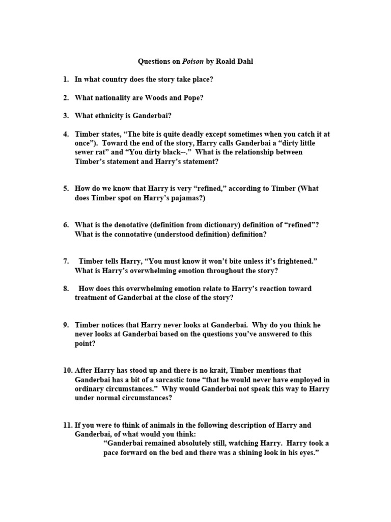 Questions On Poison by Roald Dahl | PDF | Mystery, Thriller & Crime Fiction