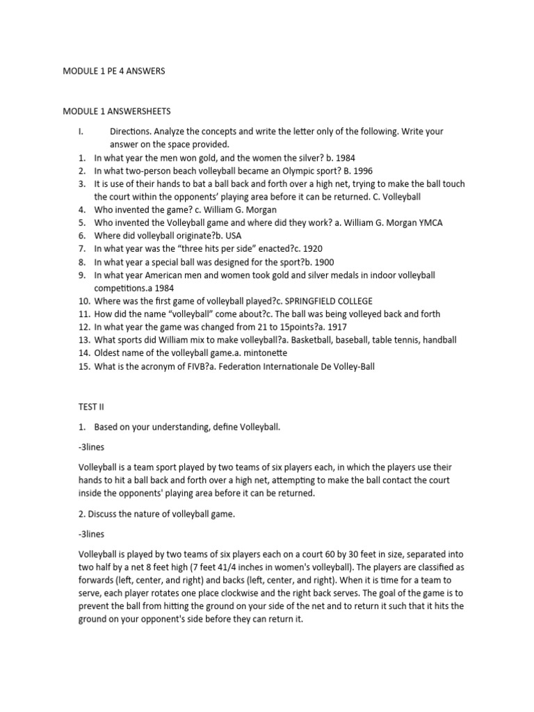 Module 1 Pe 4 Answers | PDF | Volleyball | Sports Rules And Regulations