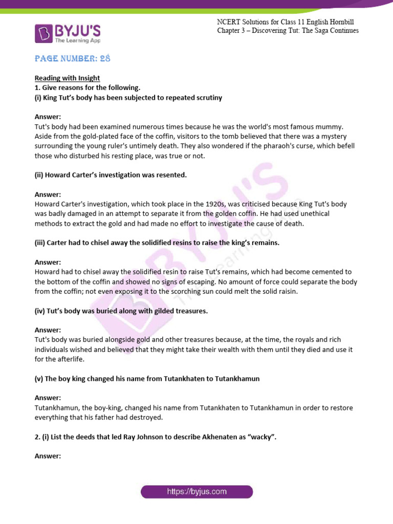 NCERT Solutions For Class 11 English Hornbill Chapter 3 Discovering Tut ...