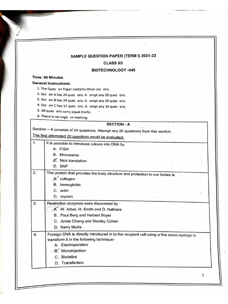 Sample Questions Paper (Term 1) 2021-22 Biotech | PDF