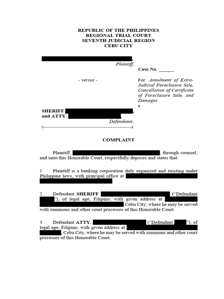 Complaint For Annulment of Extra Judicial Foreclosure Sale Final Draft ...