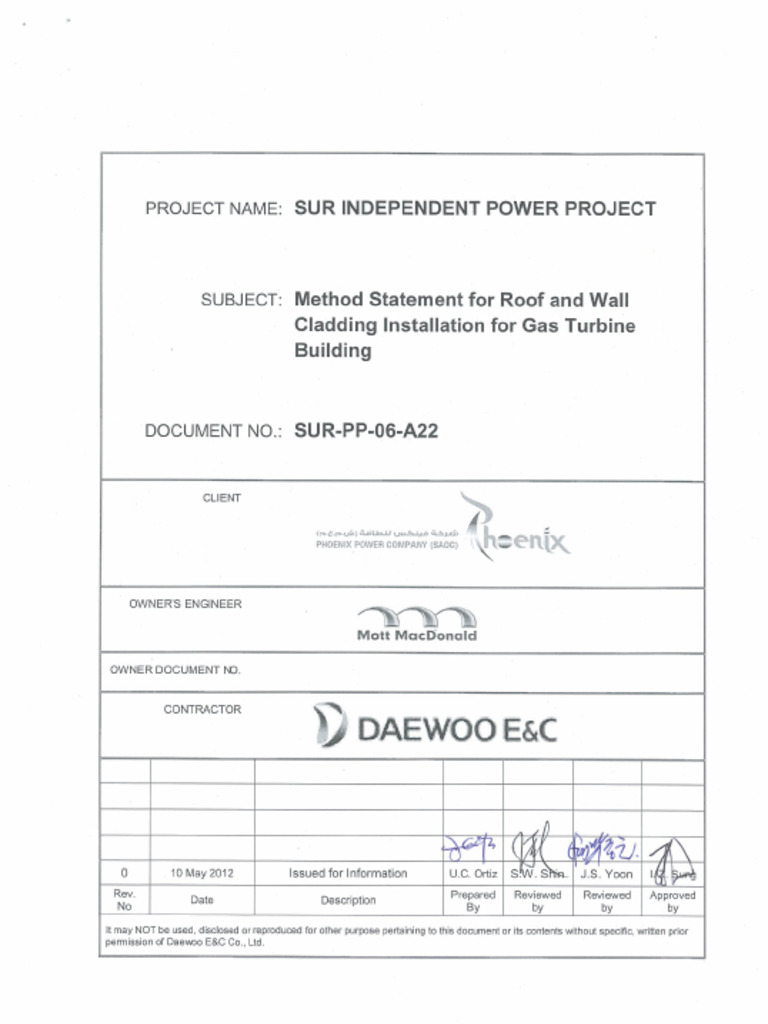 SUR-PP-06-A22IFI - R0 - Method Statement For Roof and Wall Cladding Installation For GT Building ...