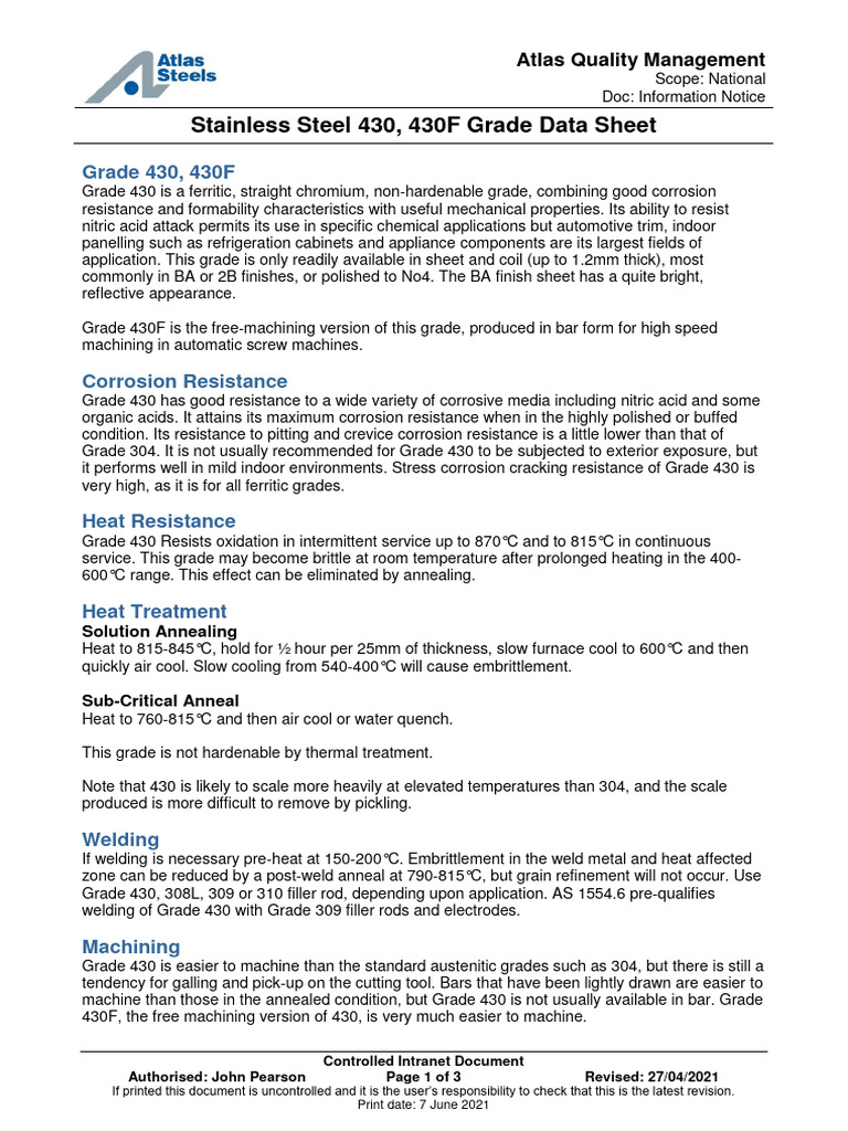 Stainless Steel 430 & 430F Data Sheet | PDF