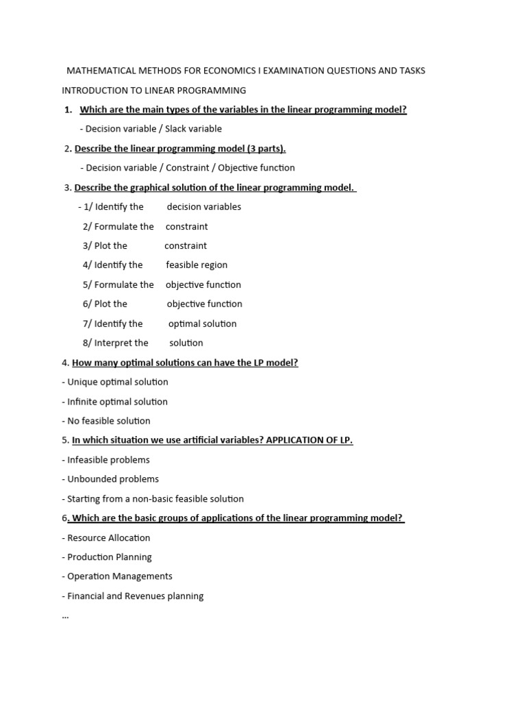 Mathematical Methods For Economics I Examination Questions and Tasks Introduction To Linear ...