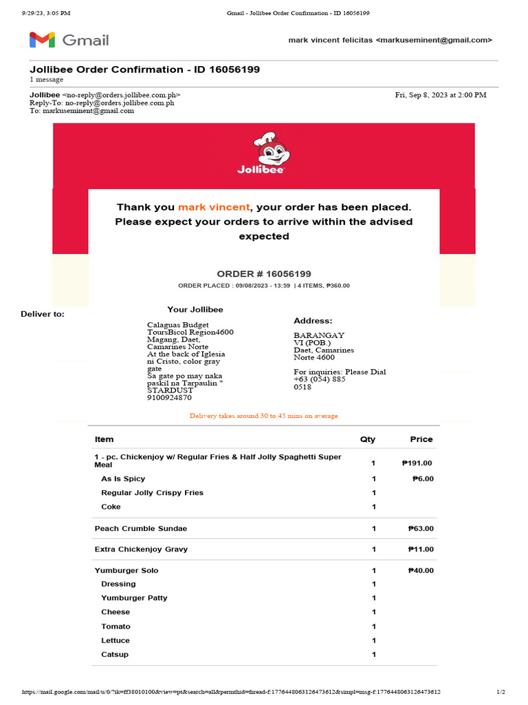 Gmail - Jollibee Order Confirmation - ID 16056199 | PDF