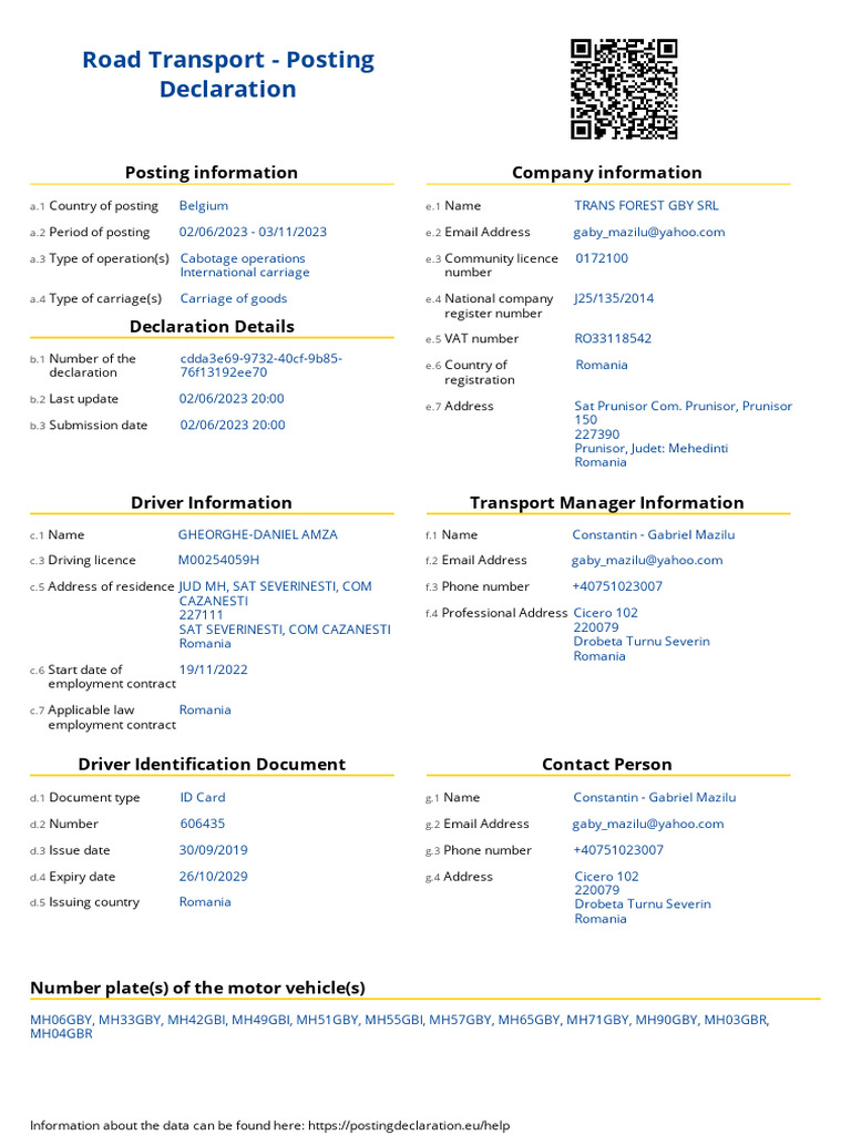 Road Transport - Posting Declaration: Posting Information Company Information | PDF | Identity ...