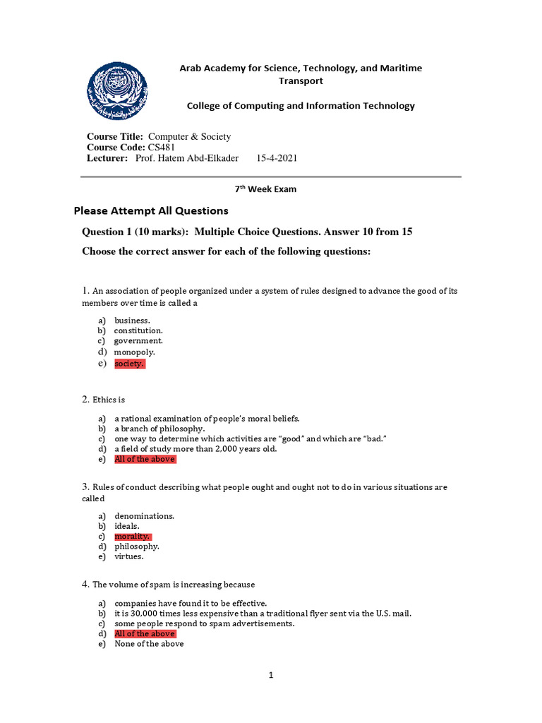 7th Week Exam 2021 1 | PDF