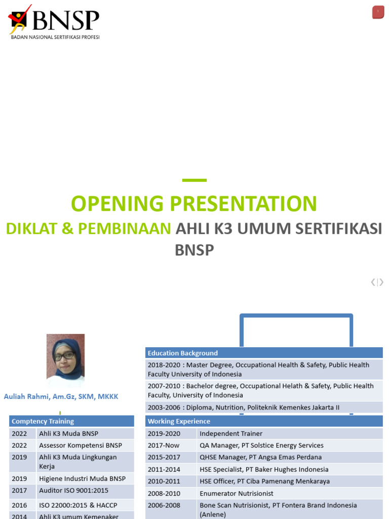 Ahli K3 Umum BNSP - Presentasi Auliah | PDF