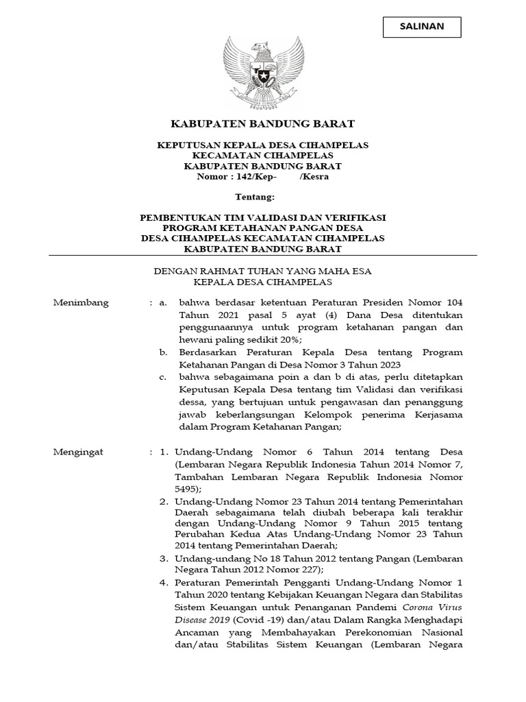 256 SK Tim Validasi Dan Verifikasi Ketahanan Pangan 2023 | PDF