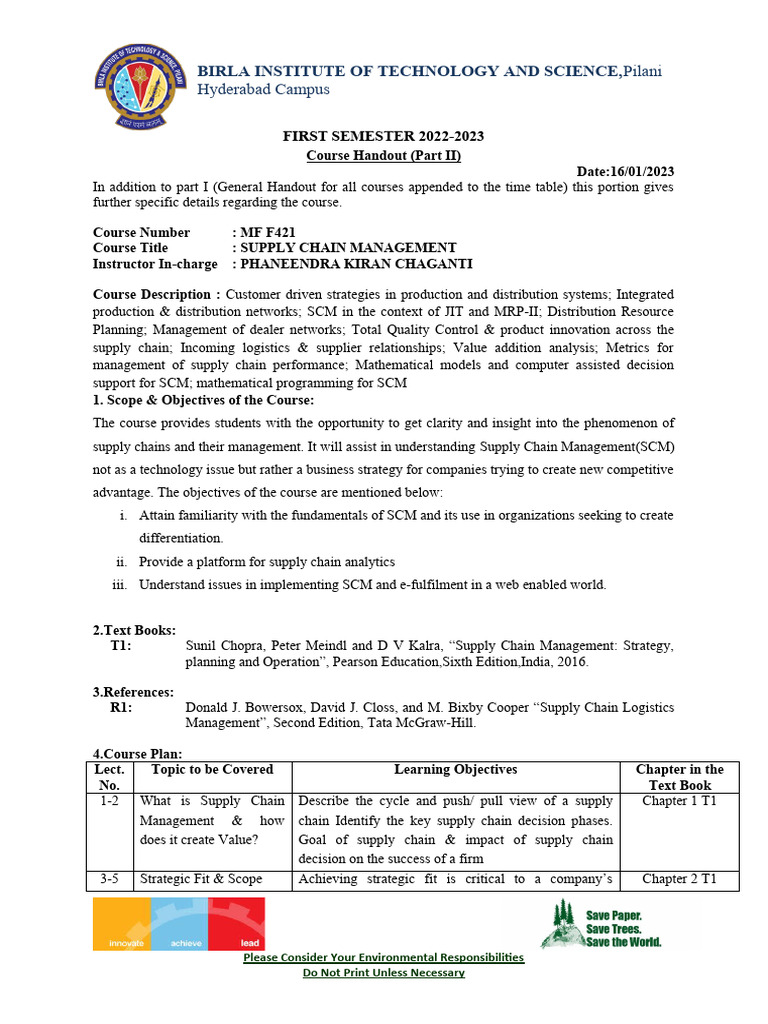 MF F421 Supply Chain Management - Handout | PDF | Supply Chain ...