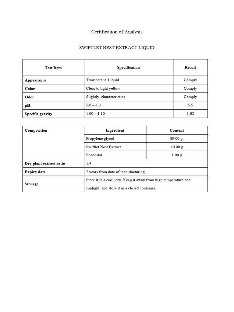 Certification of Analysis of 10% BIRD'S NEST LIQUID EXTRACT NEW | PDF