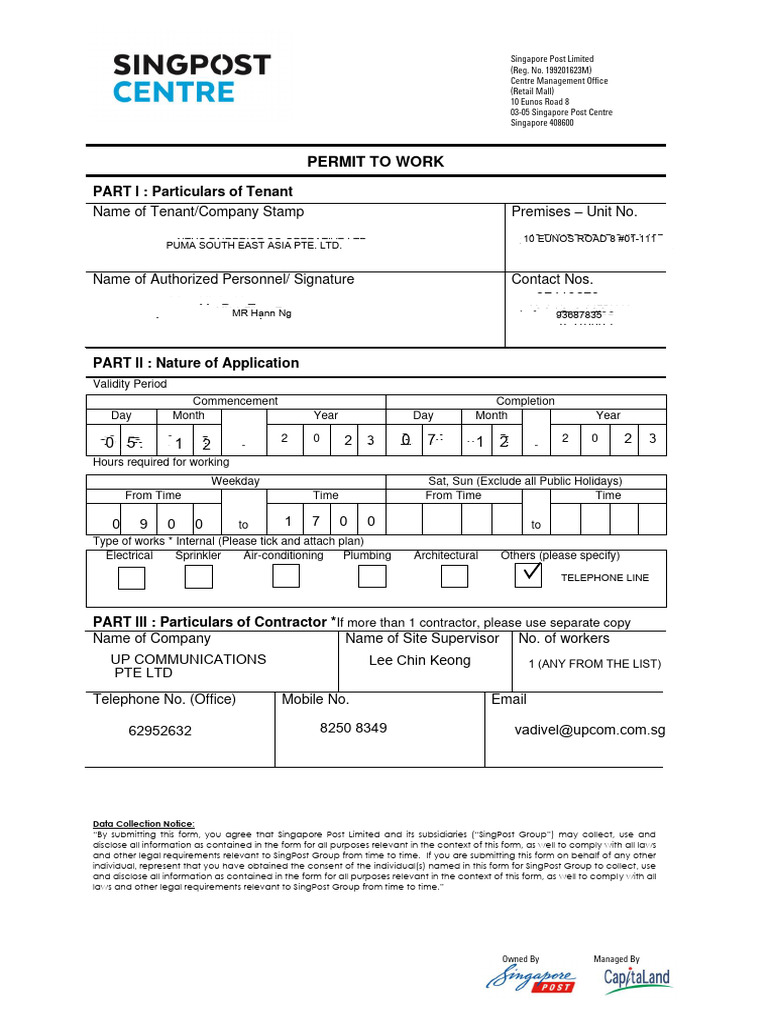 Singapore Post Work Permit Application | PDF