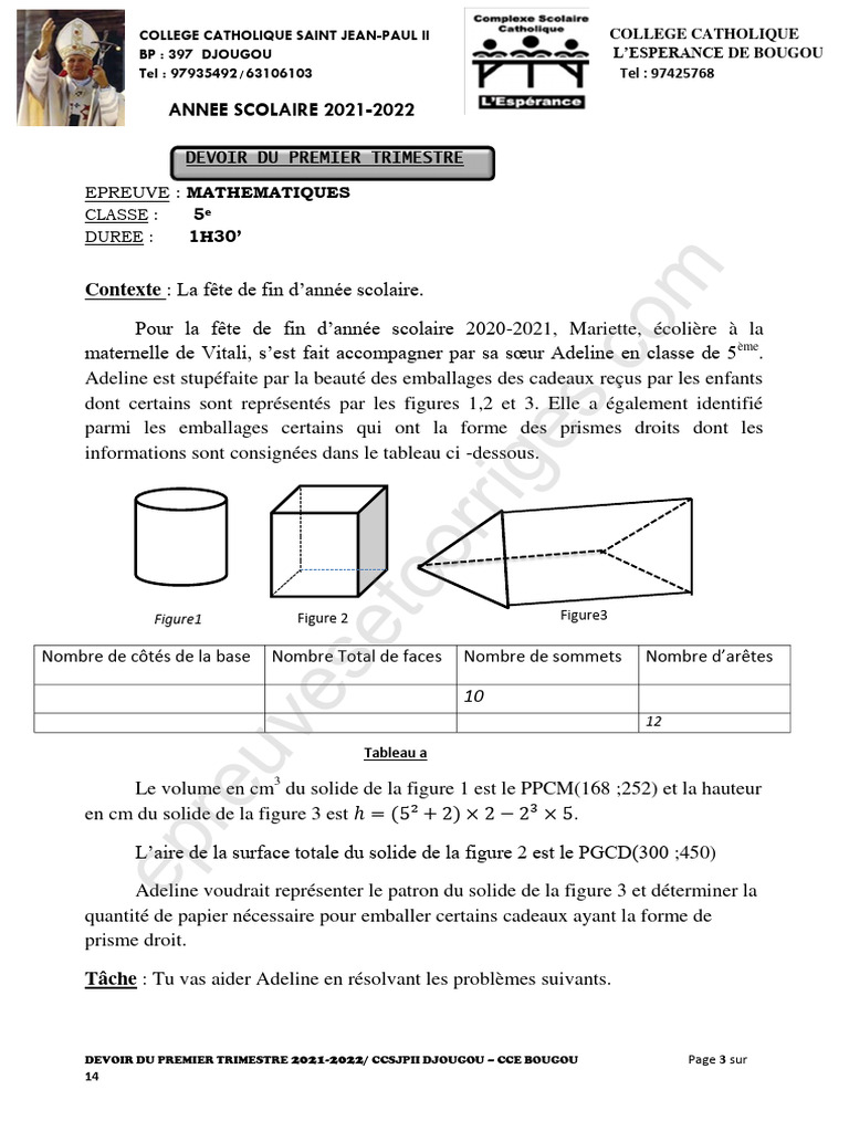 Devoir Du 1er Trimestre Mathematiques 5ème 2021-2022 Cpeg Sainte Jean ...