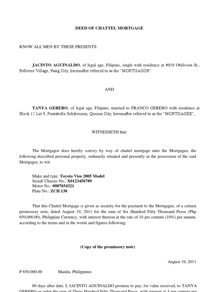 Deed of Chattel Mortgage | PDF | Mortgage Law | Real Estate Law