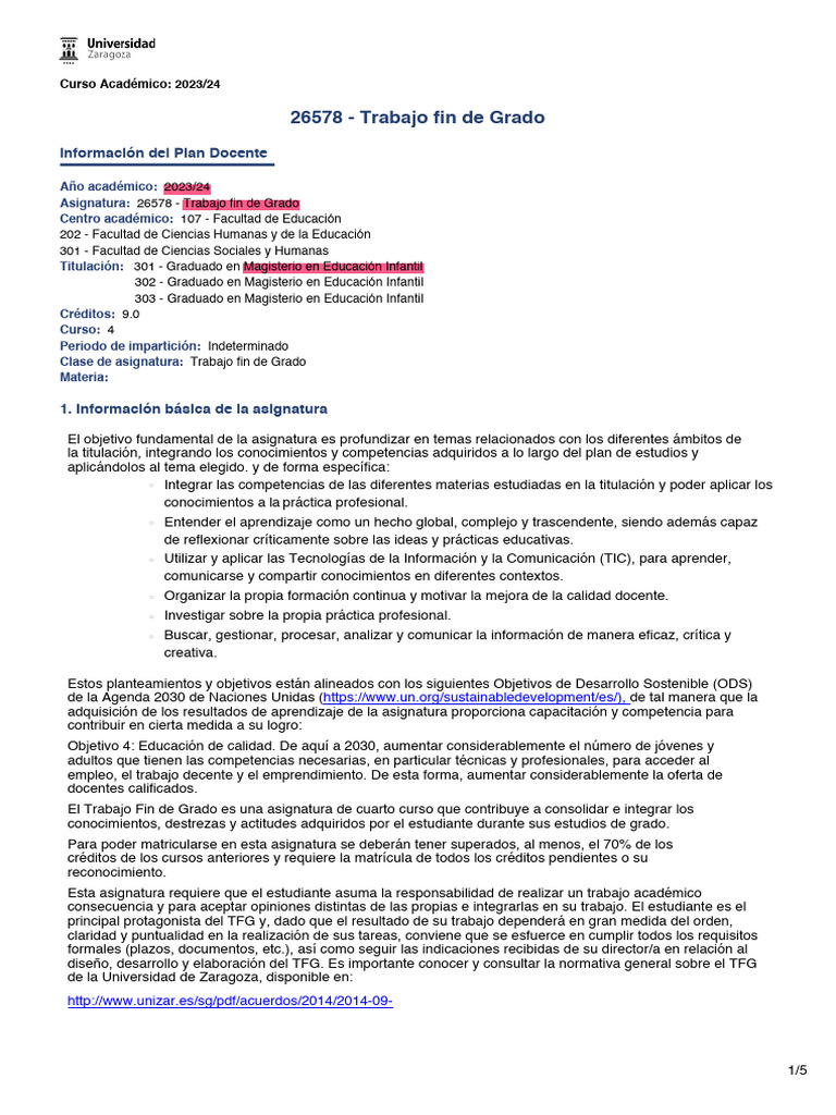 Guía Docente TFG Infantil 23-24 | PDF