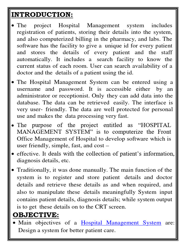 Docsity Synopsis of Hospital Management System | PDF
