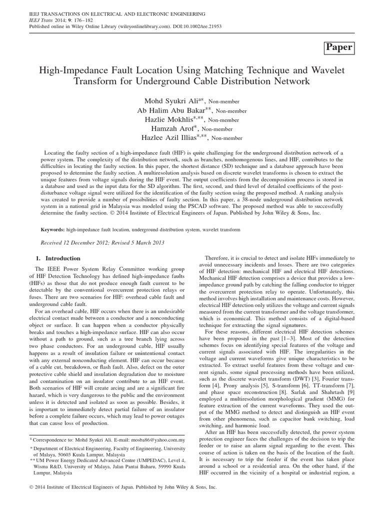 Ieej High Impedance Fault Location Using Matching Technique And Wavelet Pdf Insulator