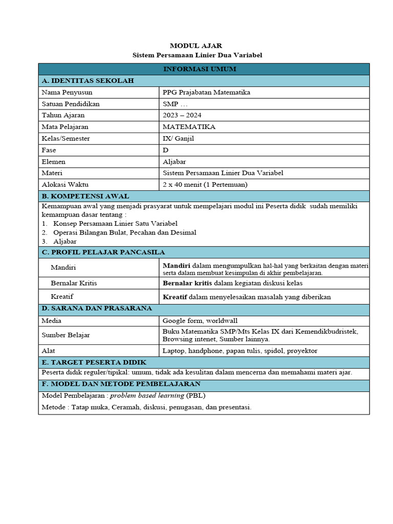 Modul Ajar SPLDV Sekelas | PDF | Karier & Perkembangan | Seni