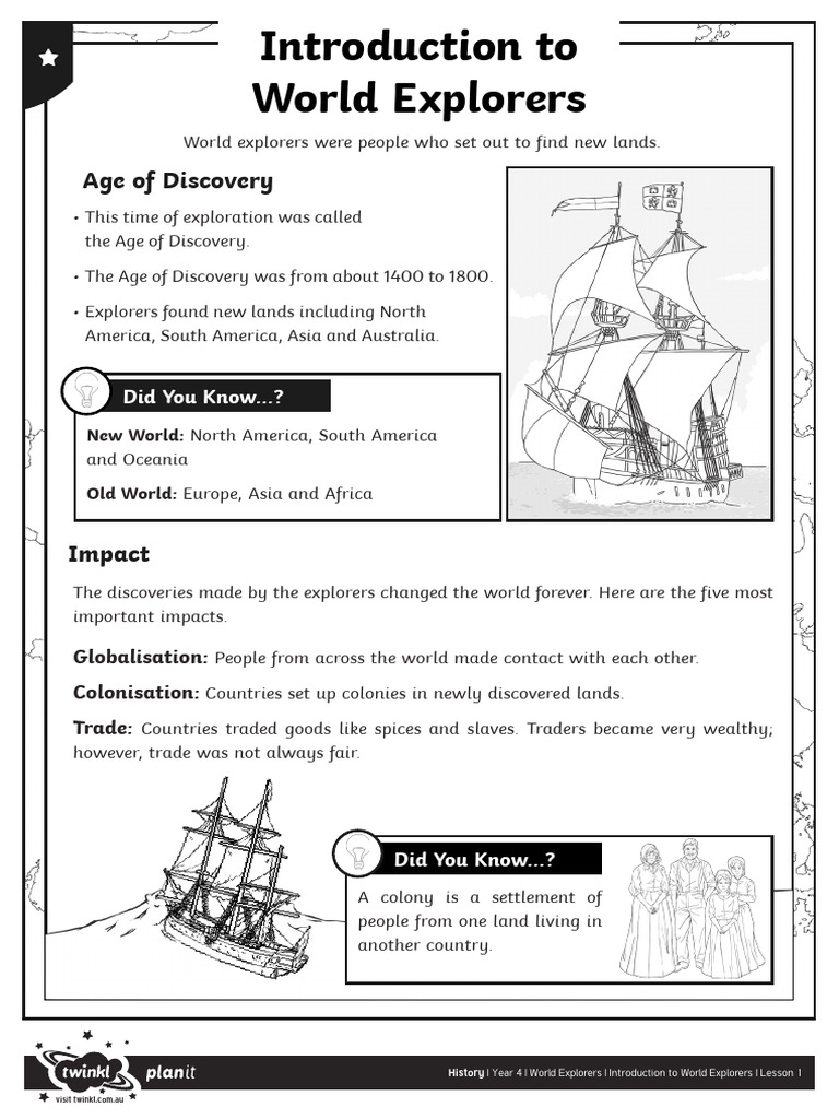 Introduction to World Explorers Reading Comprehension Black and White | PDF