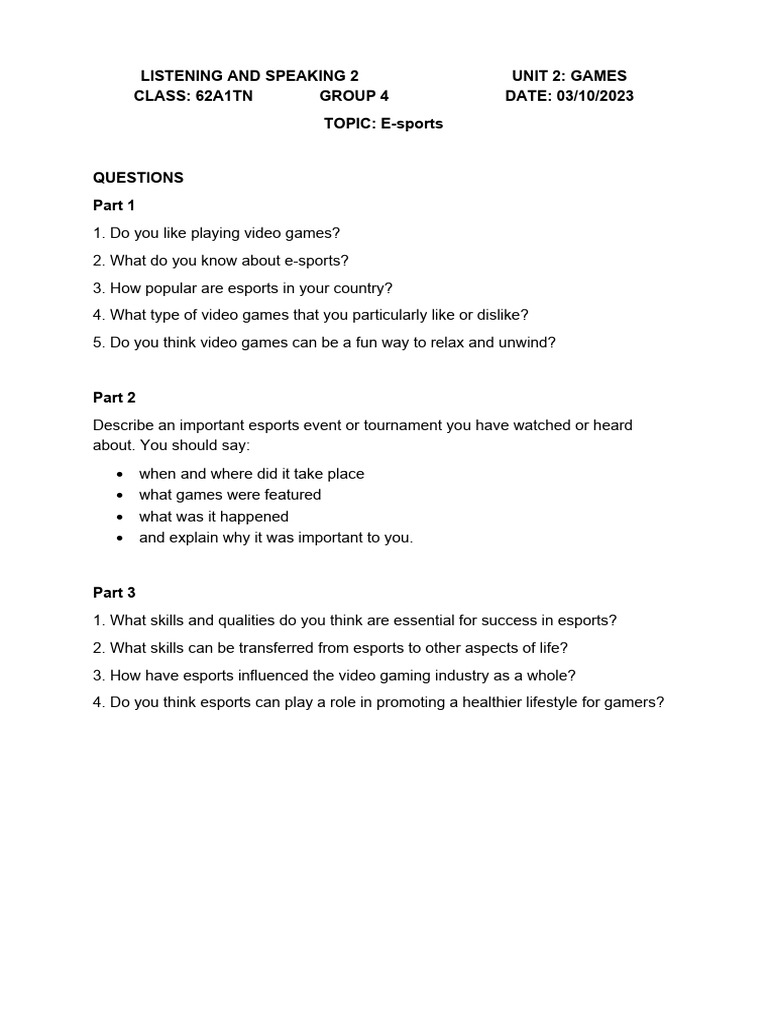 L&S2 - G4 - U2 - Speaking Topic E-Sports | PDF | Video Games