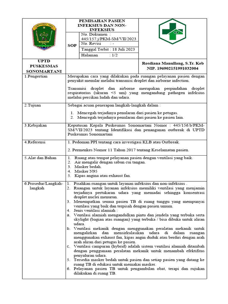 Sop Pemisahan Pasien Infeksius Dan Non | PDF