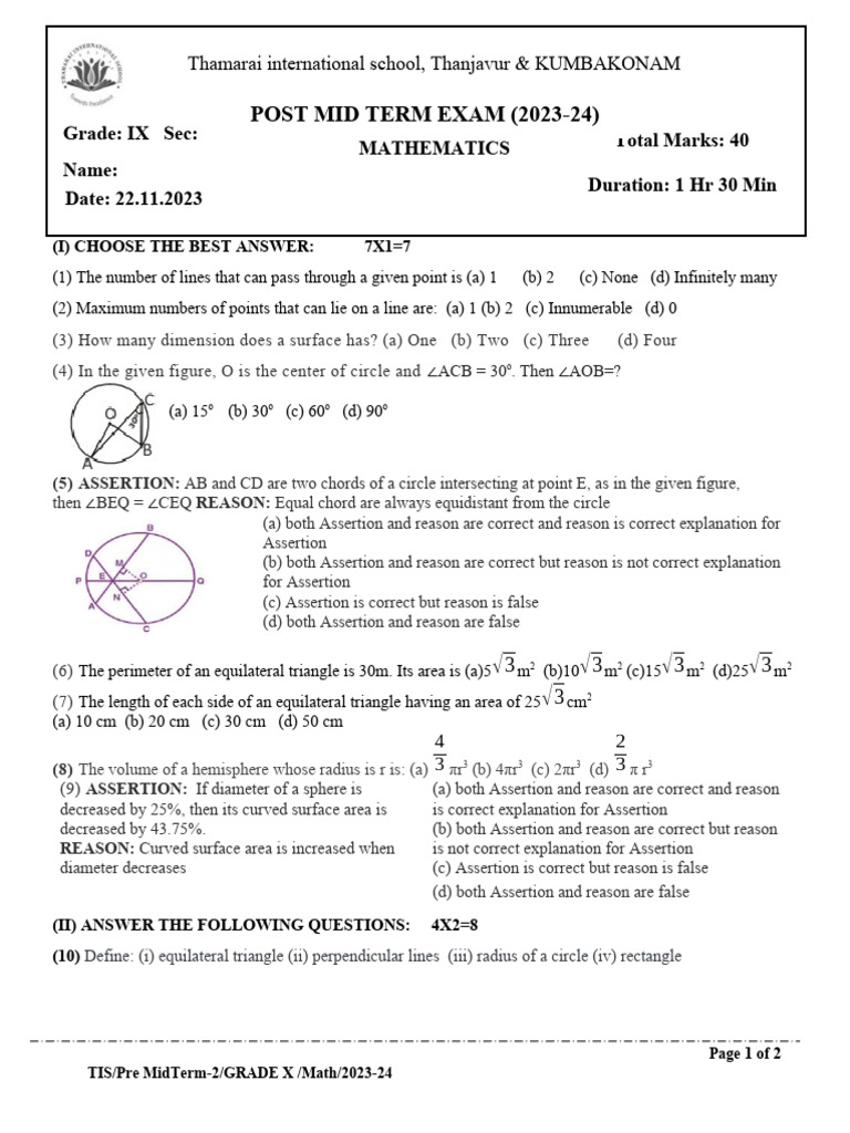Grade IX Post Mid Term Maths QP | PDF | Area | Sphere