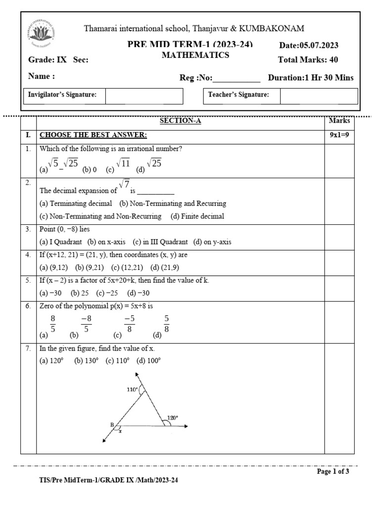 Grade IX Pre Mid Term-1 Math Exam | PDF | Cartesian Coordinate System ...