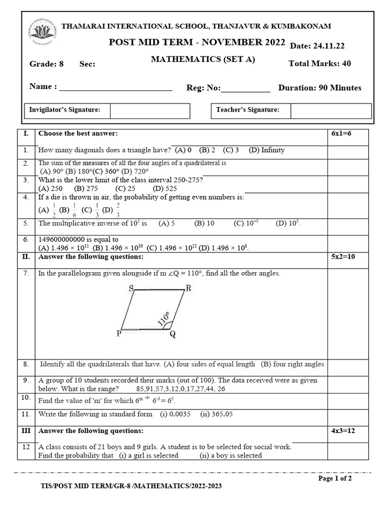 Grade 8 Maths QP SET A | PDF | Euclidean Geometry | Elementary Geometry