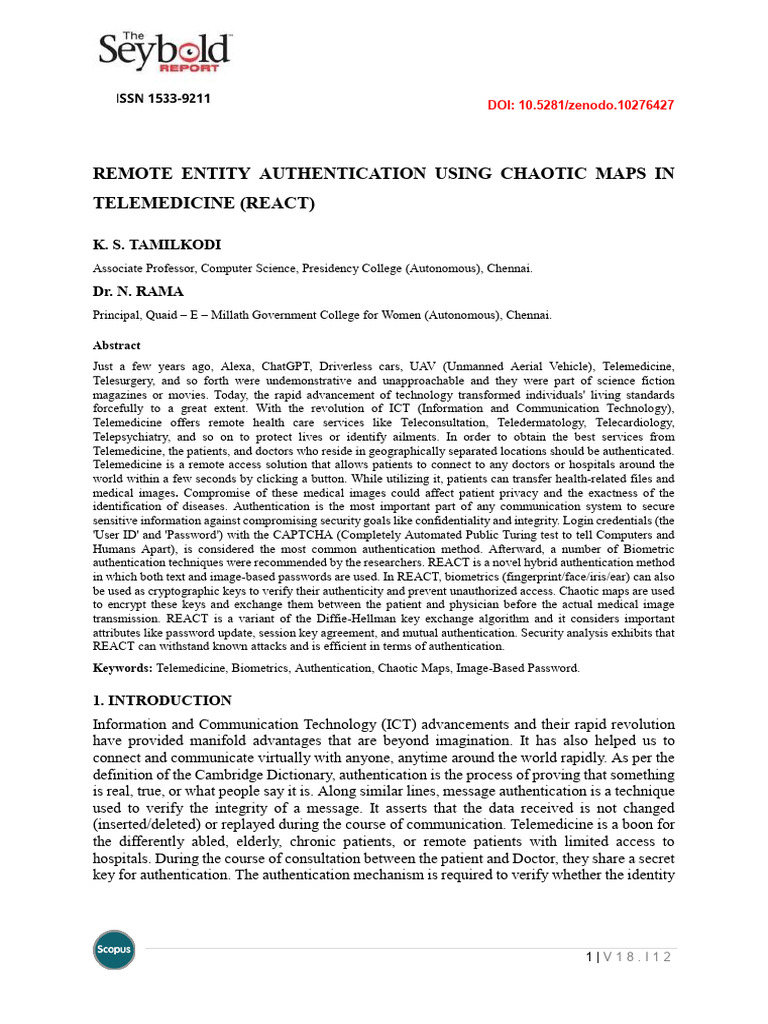 Remote Entity Authentication Using Chaotic Maps In Telemedicine React Pdf Key