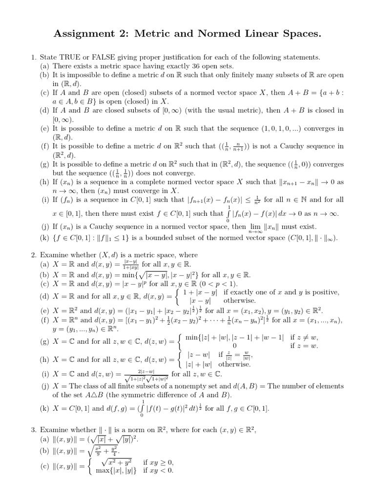 Metric Space and Norm Linear Space Important Questions | PDF | Sequence | Vector Space