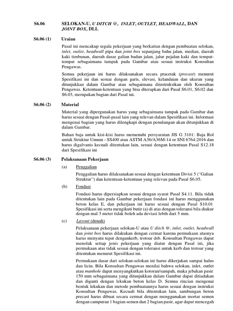 SPESIFIKASI SELOKAN-U, U DITCH @, INLET, OUTLET, HEADWALL, DAN JOINT ...