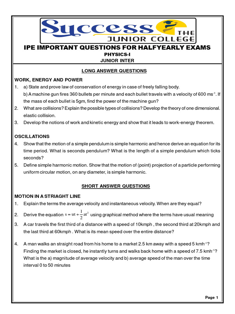 1st Year Physics Halfyearly Important Questions | PDF | Acceleration | Force