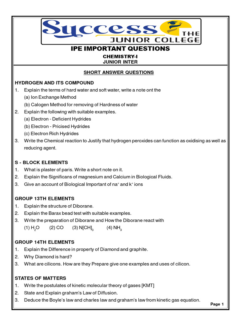 Important Chemistry Questions for 12th Grade | PDF | Hydrogen | Sodium