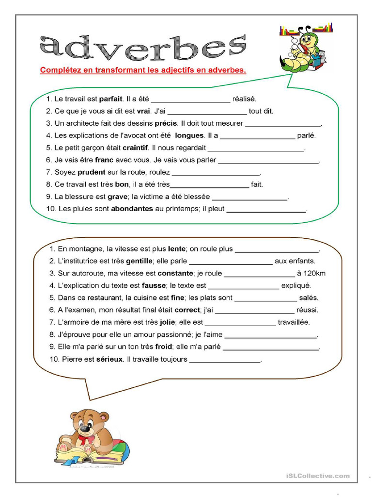 Adverbes Exercice Textes À Trous FLE A2 Fiche ISL | PDF