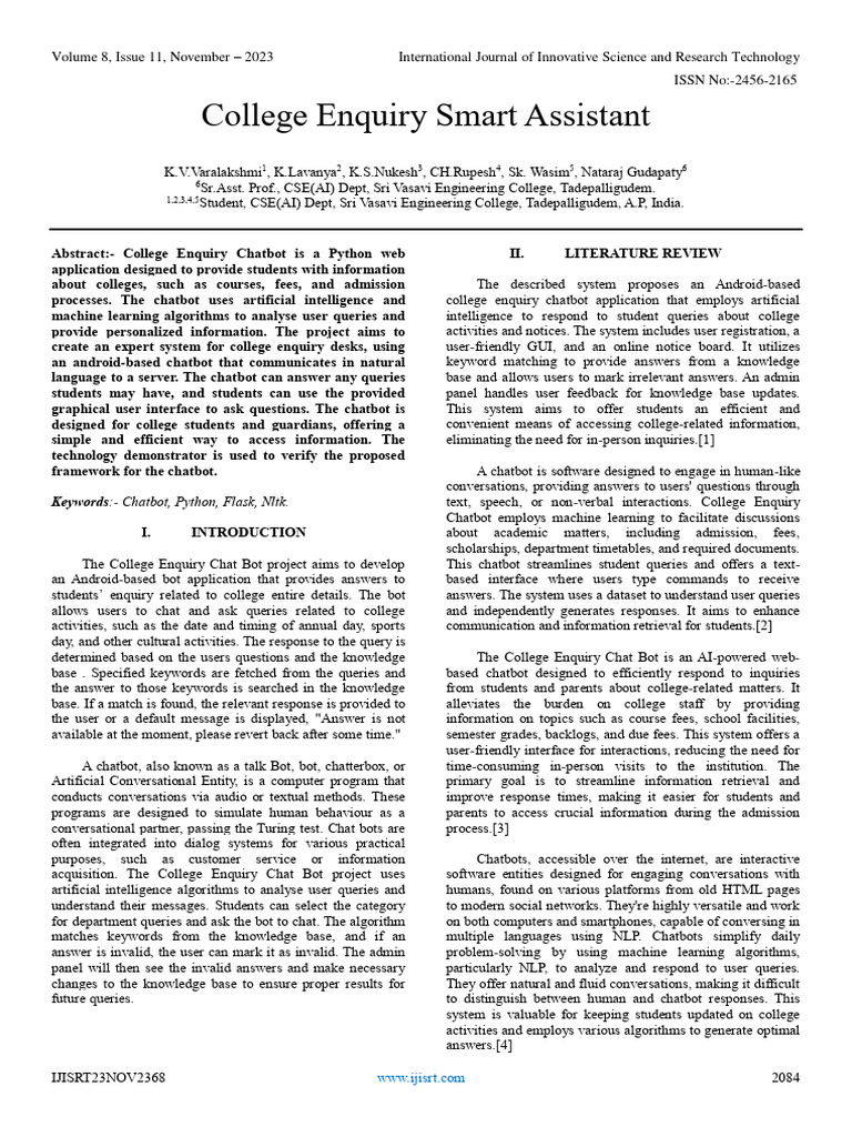 College Enquiry Smart Assistant | PDF | Artificial Intelligence ...