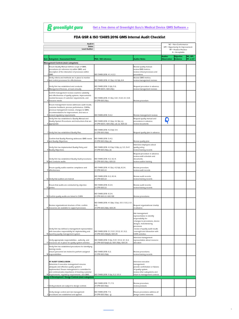 FDA QSR & ISO 13485-2016 - QMS - Internal - Audit - Checklist - Greenlight - Guru | PDF ...