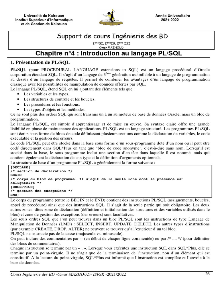 BD Chapitre4 | PDF | PL/SQL | SQL