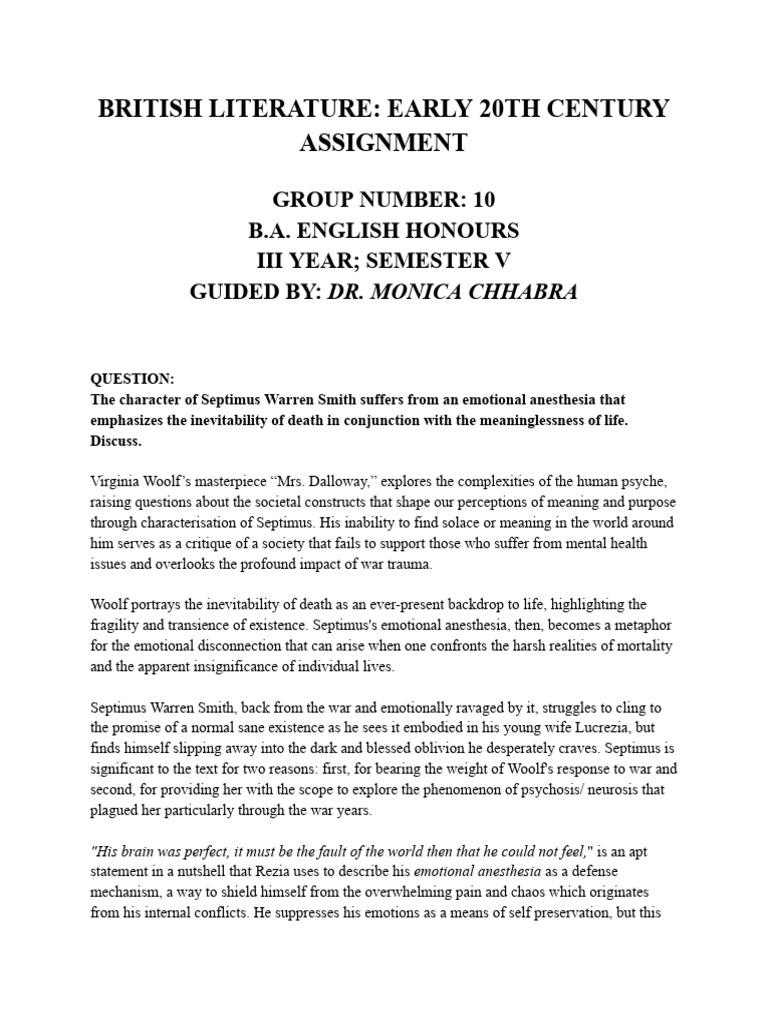 Mrs. Dalloway Assignment | PDF | Mrs Dalloway | Virginia Woolf