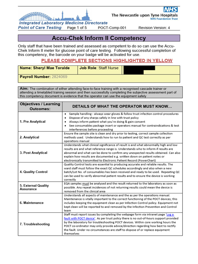 Glucose Meter Operator Competency 1 | PDF | Medicine | Health Care