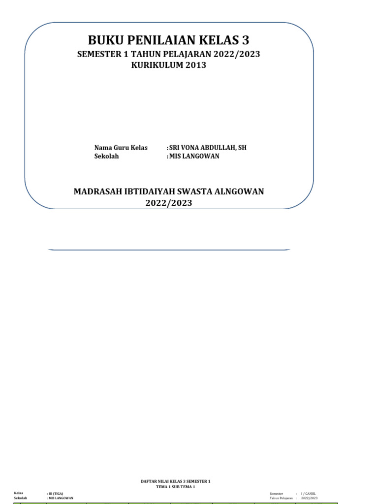 Format Daftar Nilai Harian Kelas 3 Ganjil | PDF Format Daftar Nilai Harian Kelas 3 Ganjil | PDF